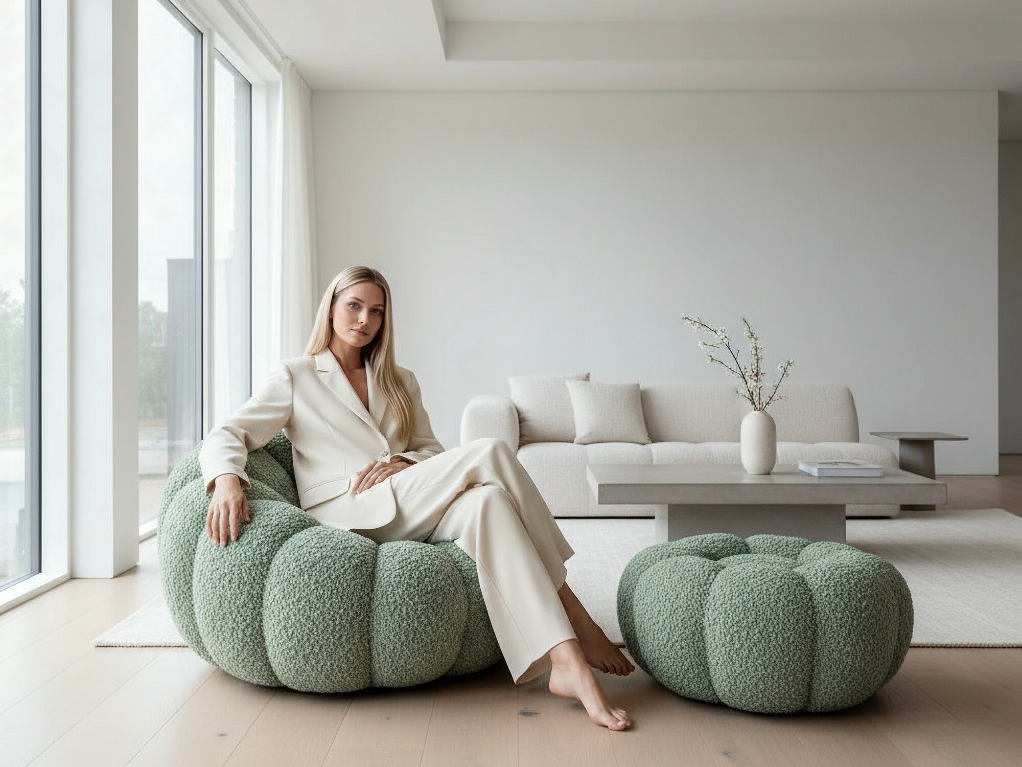 Кресло и пуфик Lotos Alaska Mint на механизме вращения 360, искусственный мех