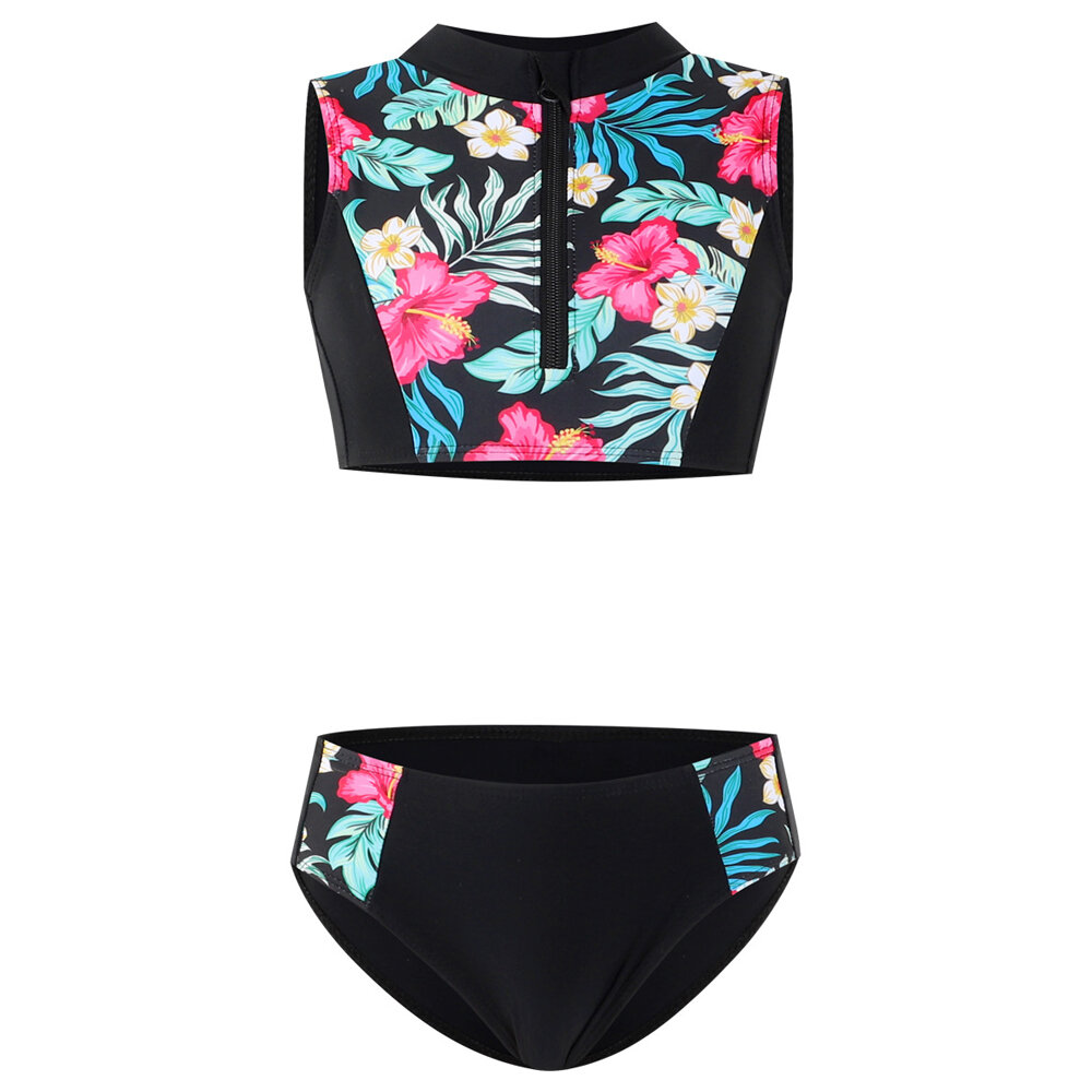Детский купальный костюм для девочек, Пrinted Flower, High-Waisted Split, с зippers, Хавайский пляжный, для детей в возрасте 2-12 лет, материал нитрон и полиамид, 2 цвета в наличии, размер подходит для девочек 2-12 лет, вес 150г, размер упаковки