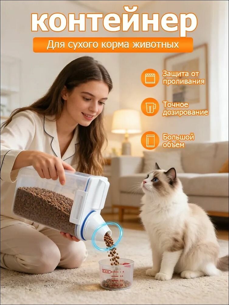 Контейнер для корма Z608, для кошек и собак, 2500мл, пластик, герметичный, с мерным стаканчиком