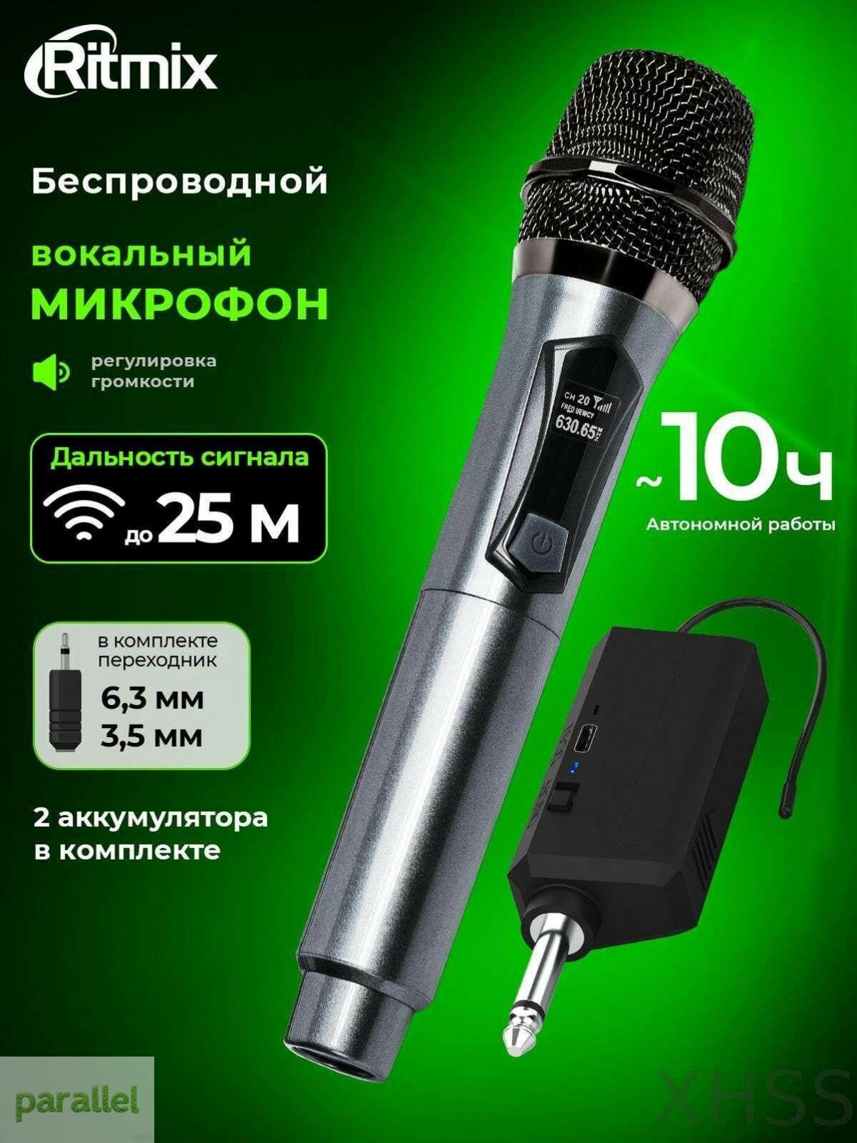Микрофон беспроводной динамический RITMIX RWM-331 gray для вокала, ведущих и караоке вечеринок
