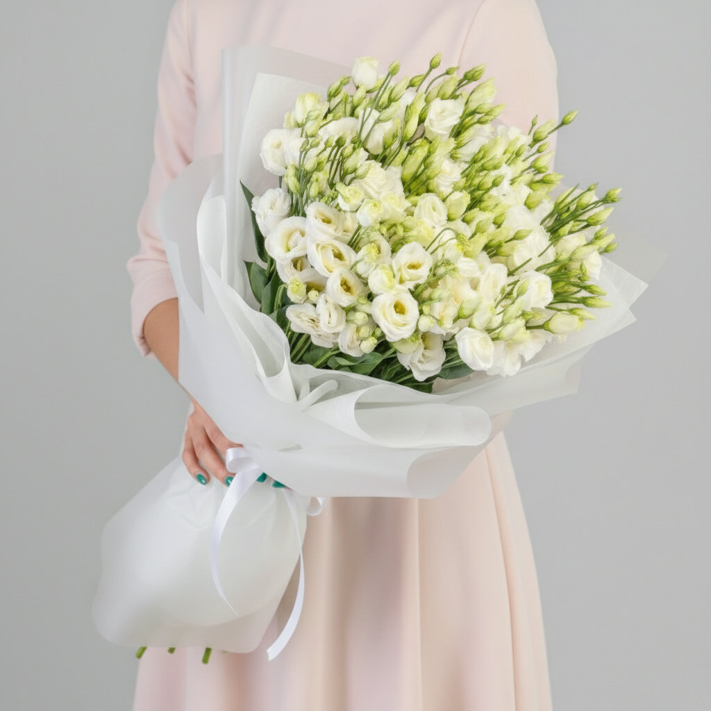 Букет Мегацвет24, Белые Эустомы, 19 цветов, оформление под ленту
