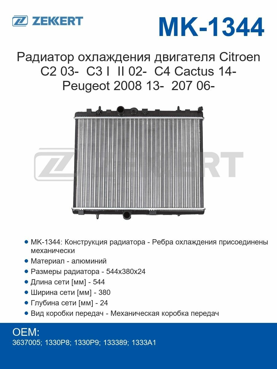 Zekkert Радиатор охлаждения двигателя Citroen C2 с 2003 года C3 I II с 2002 года C4 Cactus с 2014 года Peugeot 2008 с 2013 года 207 с 2006 года
