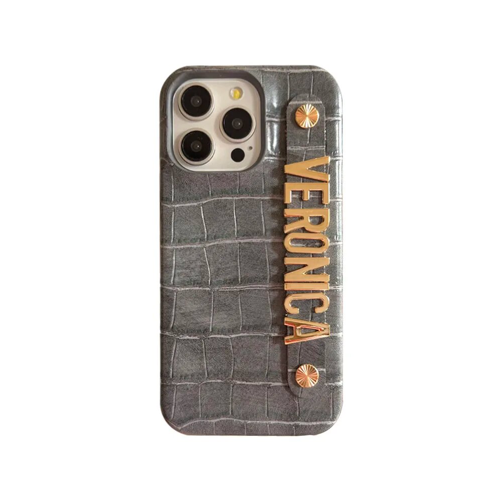 Кожаный чехол для телефона с персонализированным золотым металлическим именным grey, 17promax