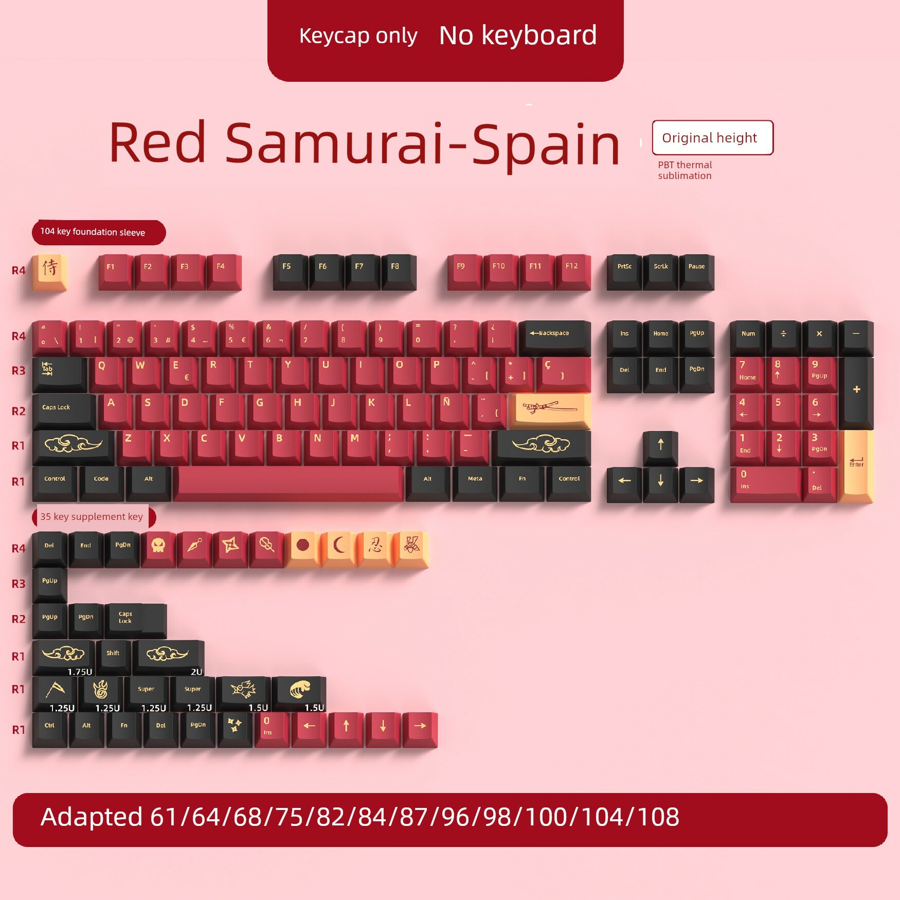 Красные кейкапы Red Samurai (оригинал), совместимые с GMK, для японской, корейской, немецкой, французской, испанской