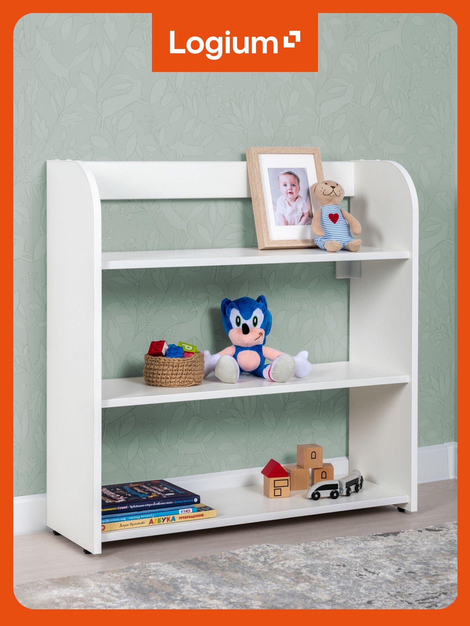 Стеллаж для игрушек, для книг, 75х24,6х76,1, Топ 16.422.01 Белый шагрень, LOGIUM, деревянная напольная этажерка