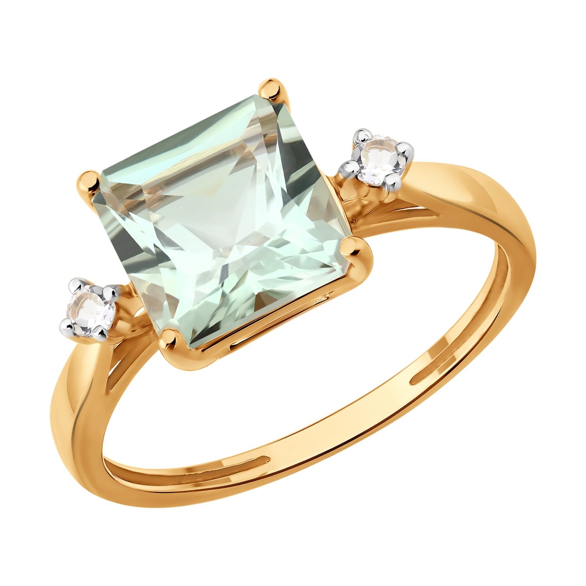 Кольцо, красное золото, 585 проба, празиолит, горный хрусталь