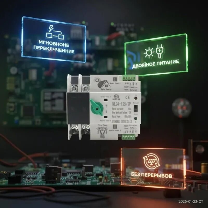 Переключатель реверсивный для генератора и сети на din рейку, 2P 63A