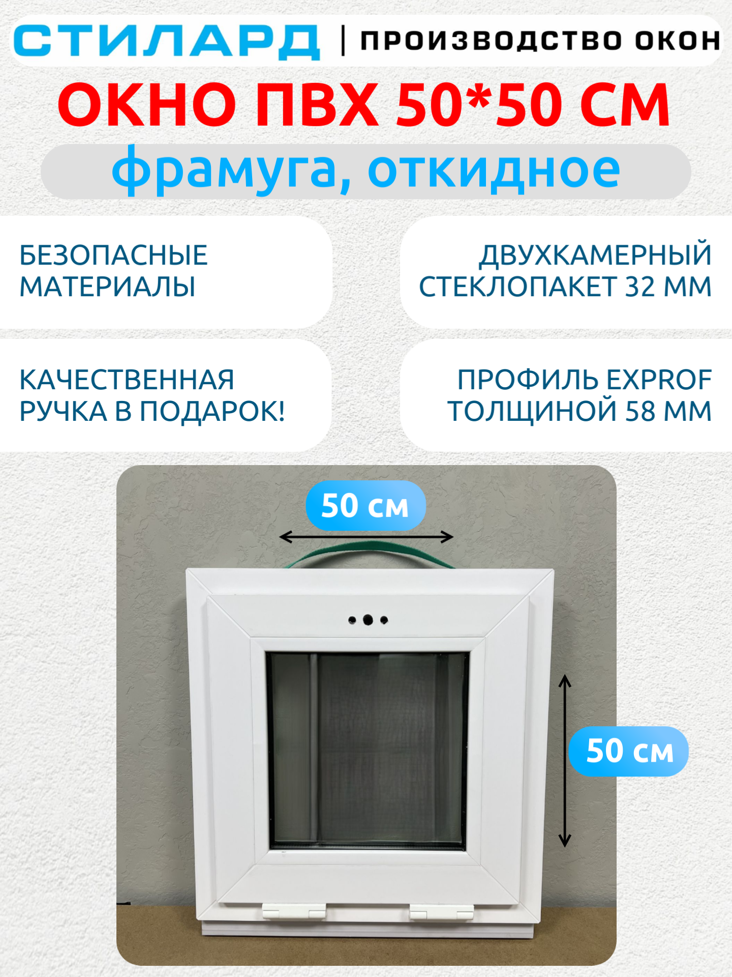 Окно пластиковое ПВХ, 50х50 см, откидное, двухкамерный стеклопакет, белое