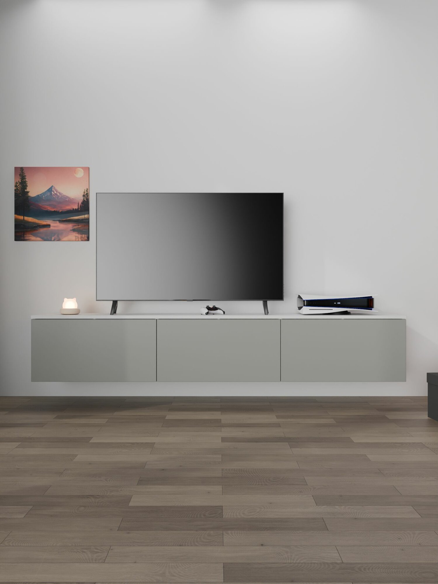 Изумлит Тумба под телевизор подвесная настенная Эра 180х32х35 см, белый-шиншилла серая