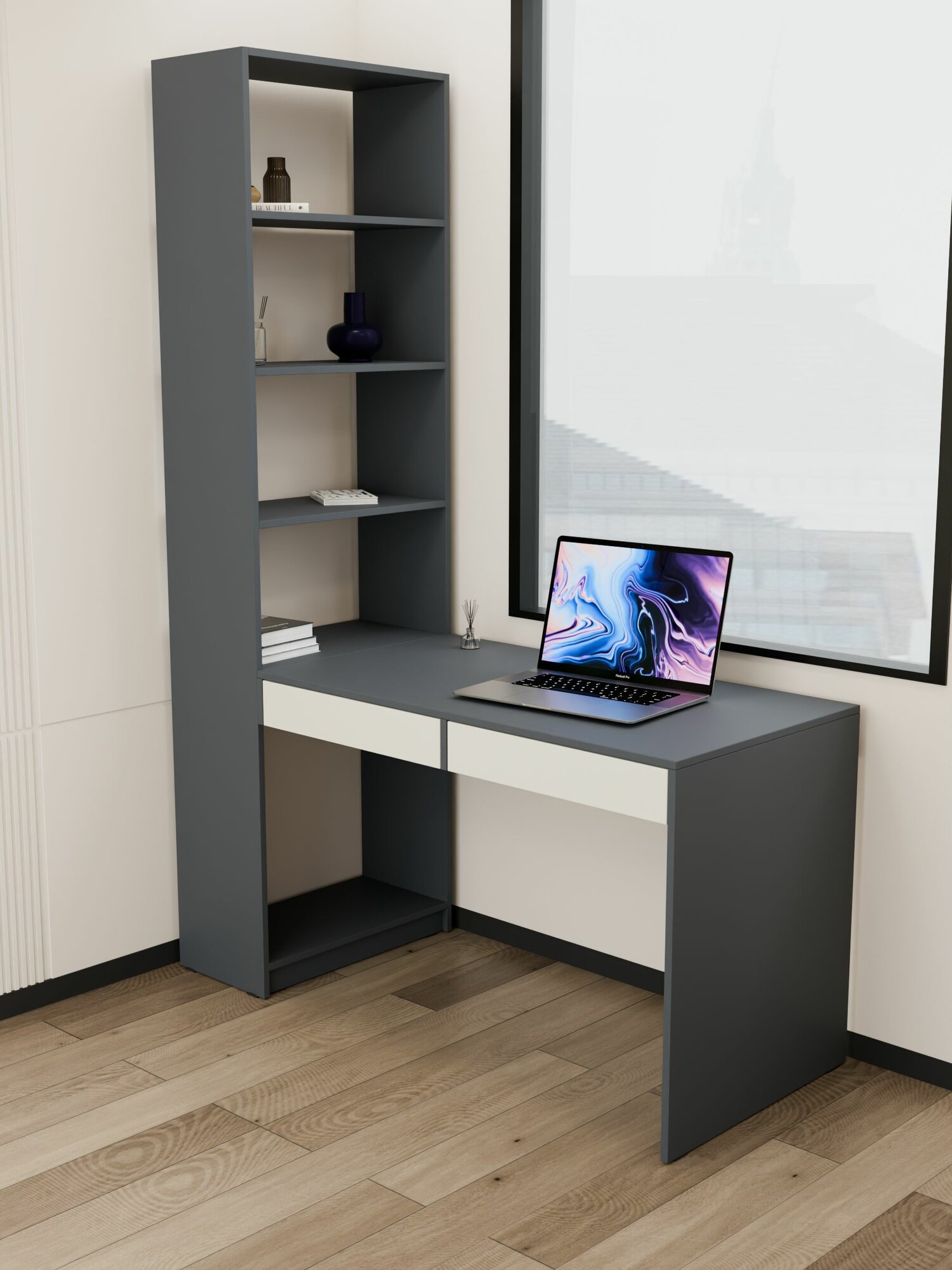 Изумлит Стол-стеллаж письменный угловой для учебы и работы Джокер, стеллаж слева 200х59.2х140 см, графит-бежевый