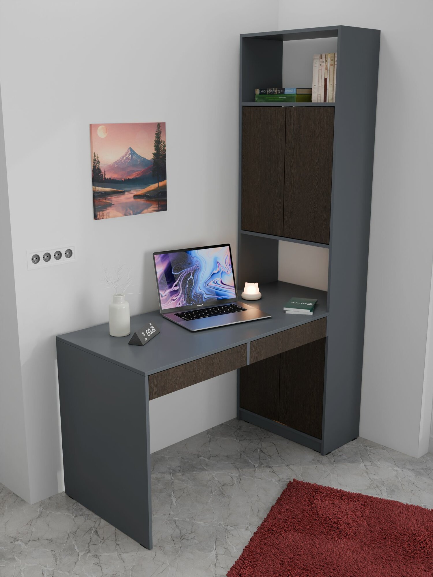 Изумлит Стол-стеллаж с дверьми письменный угловой, стеллаж справа 200х140х59.2 см, графит-венге