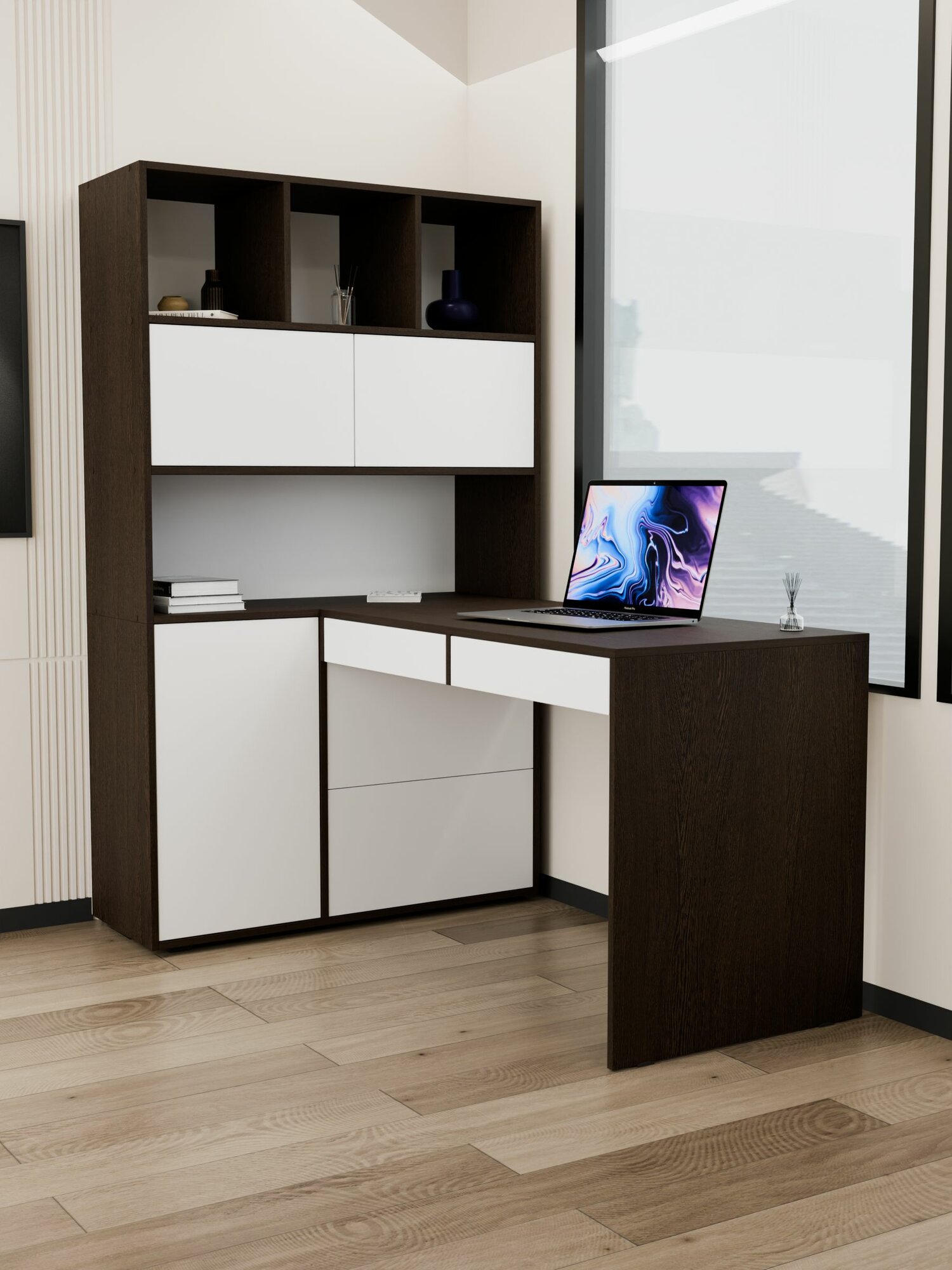 Изумлит Стол-шкаф письменный угловой для учебы и работы, шкаф слева 168х100х147.6 см, венге-белый