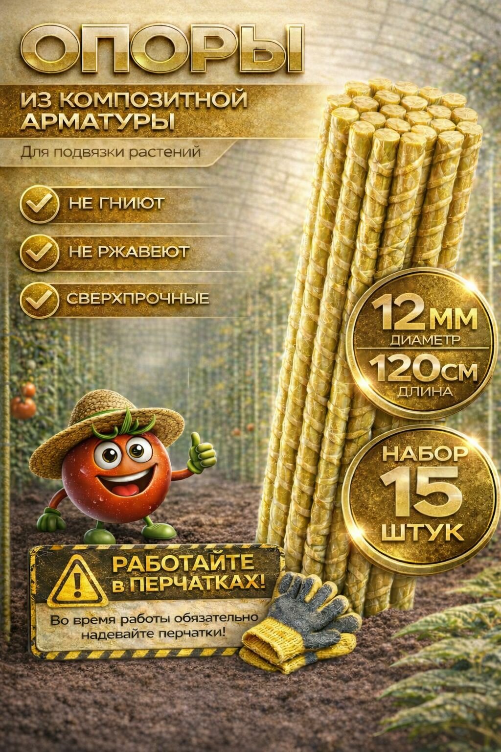 Колышки садовые для подвязки растений 12 мм, 120 см, 15 шт