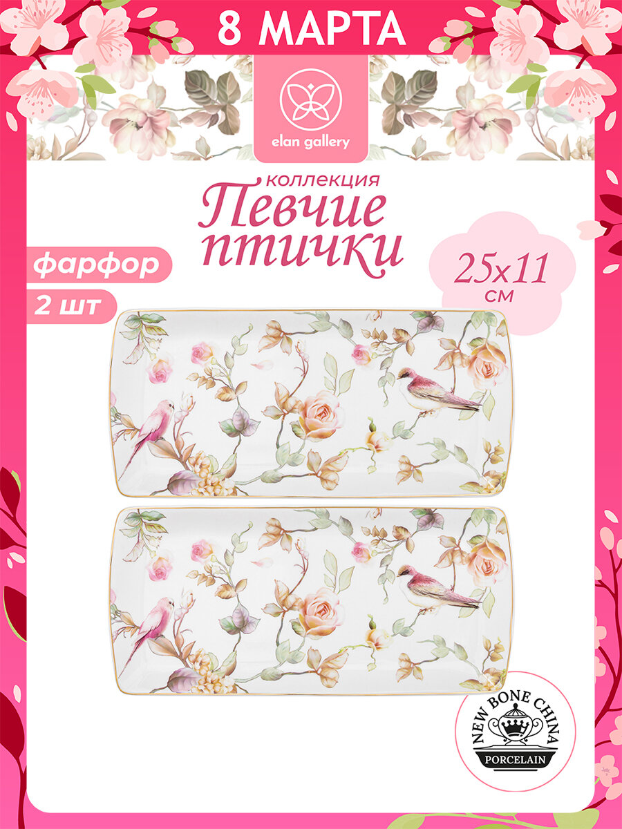 Блюдо сервировочное 2 пр. Elan Gallery Певчие птички, 25х11,5х1,5 см, фарфор, набор