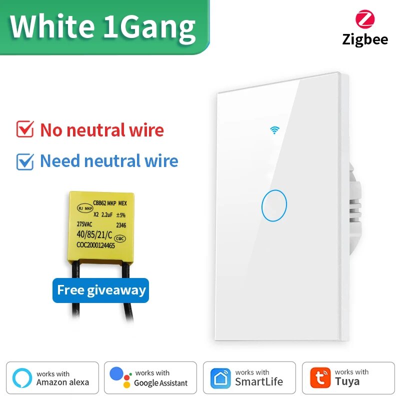 Zigbee White 1Gang умный выключатель