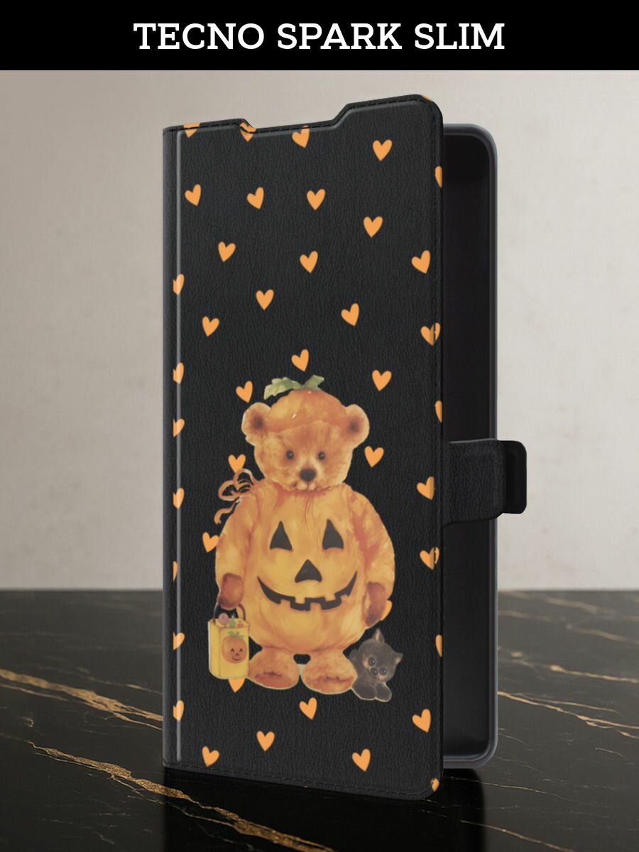 Чехол-книжка на Tecno Spark Slim / Текно Спарк Слим с принтом Мишка в костюме тыквы с сердцами 3, черный