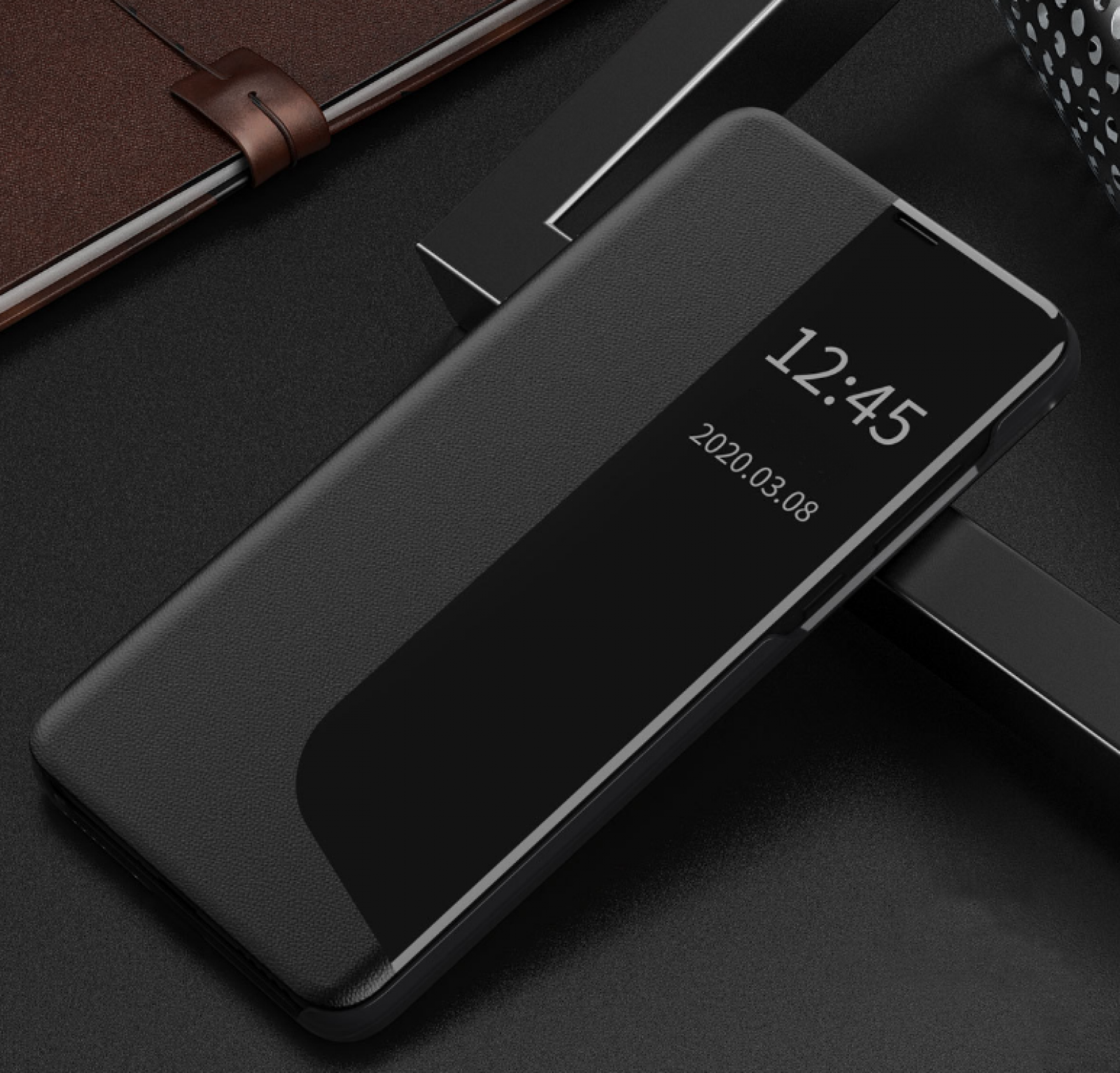 Чехол-книжка MyPads для Huawei P30 из импортной кожи с боковым окном черный