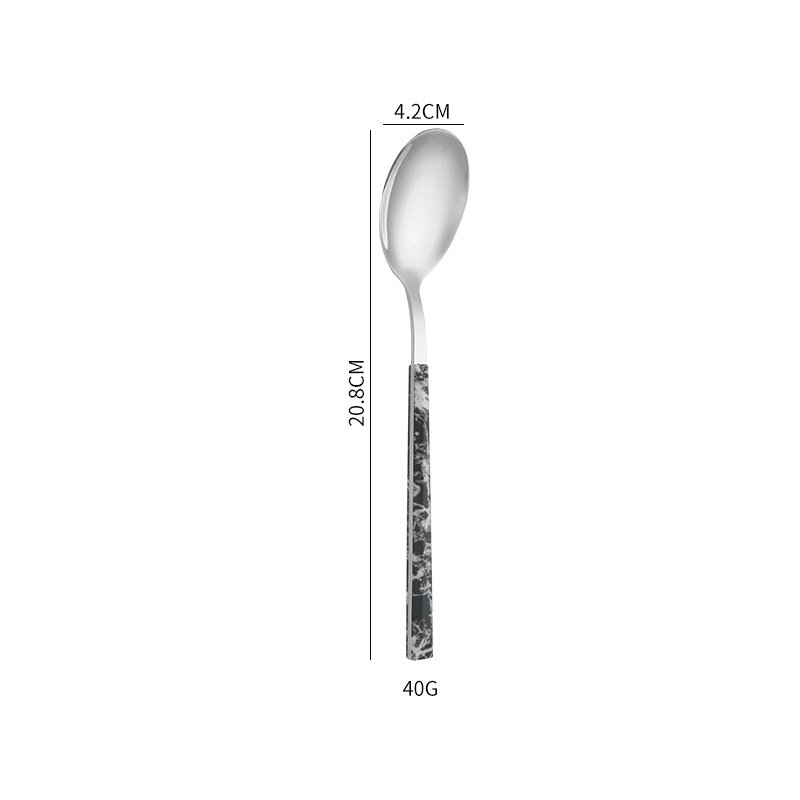 Столовые приборы из нержавеющей стали с ручками под дерево в японском и корейском стиле: нож для стейка, вилка, ложка и десертная ложка с каменным узором.