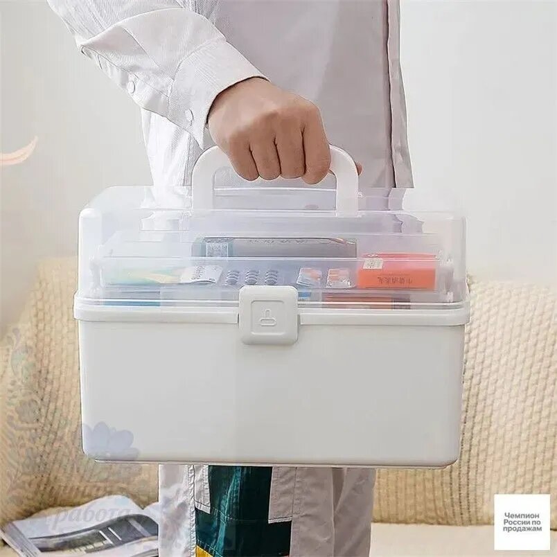 Коробка для хранения лекарств длина 27 см, ширина 14 см, пластиковая, белого цвета, с ручкой и крышкой