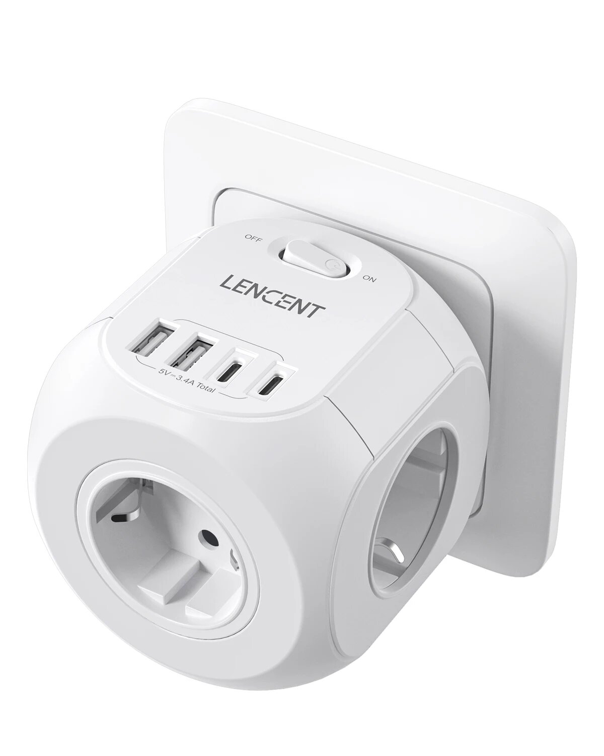 Удлинитель LENCENT с 4 розетками, USB-A и Type-C, белый