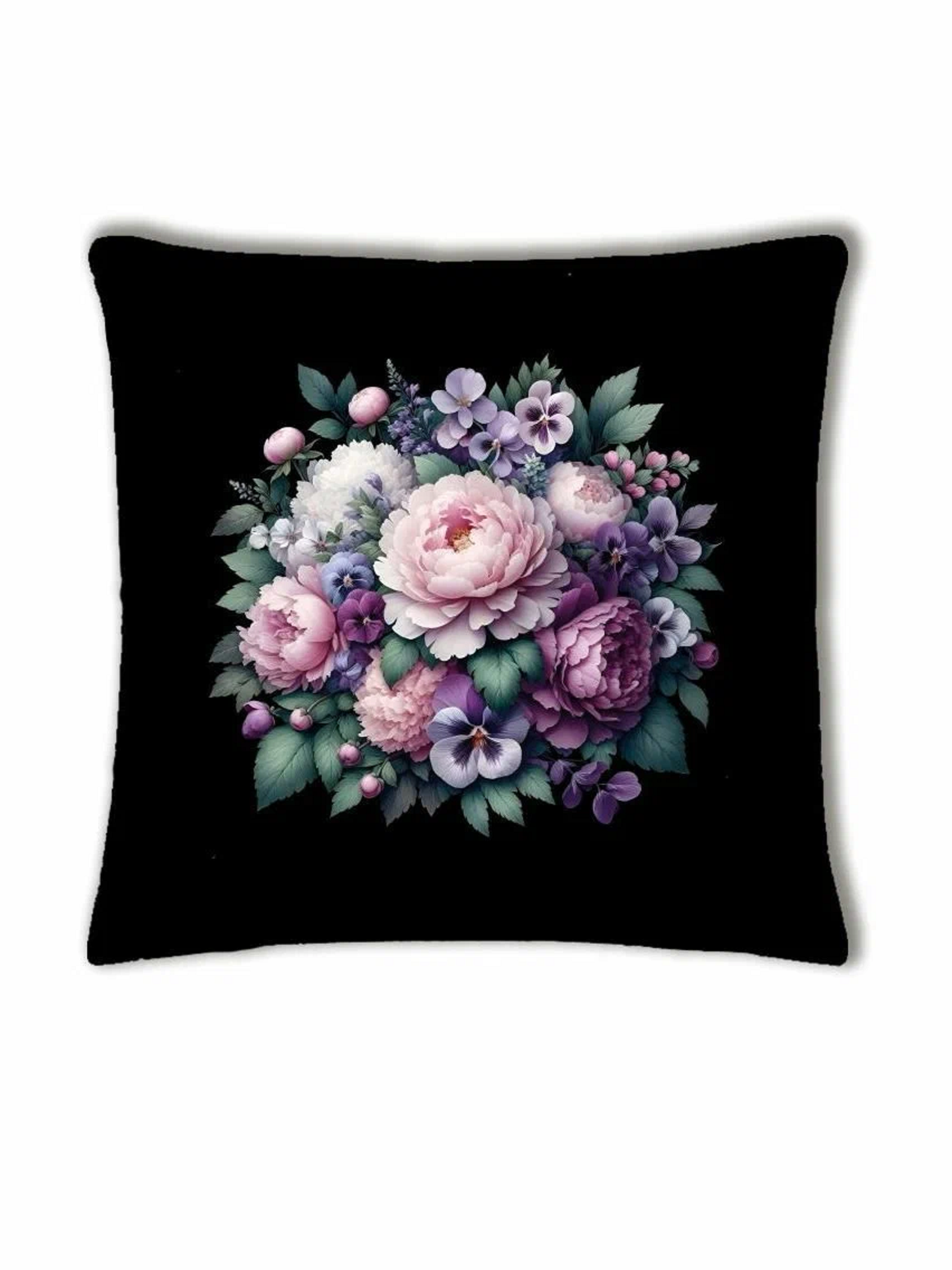 Чехол для подушки Пионы и анютины глазки на черном фоне 40х40 велюр