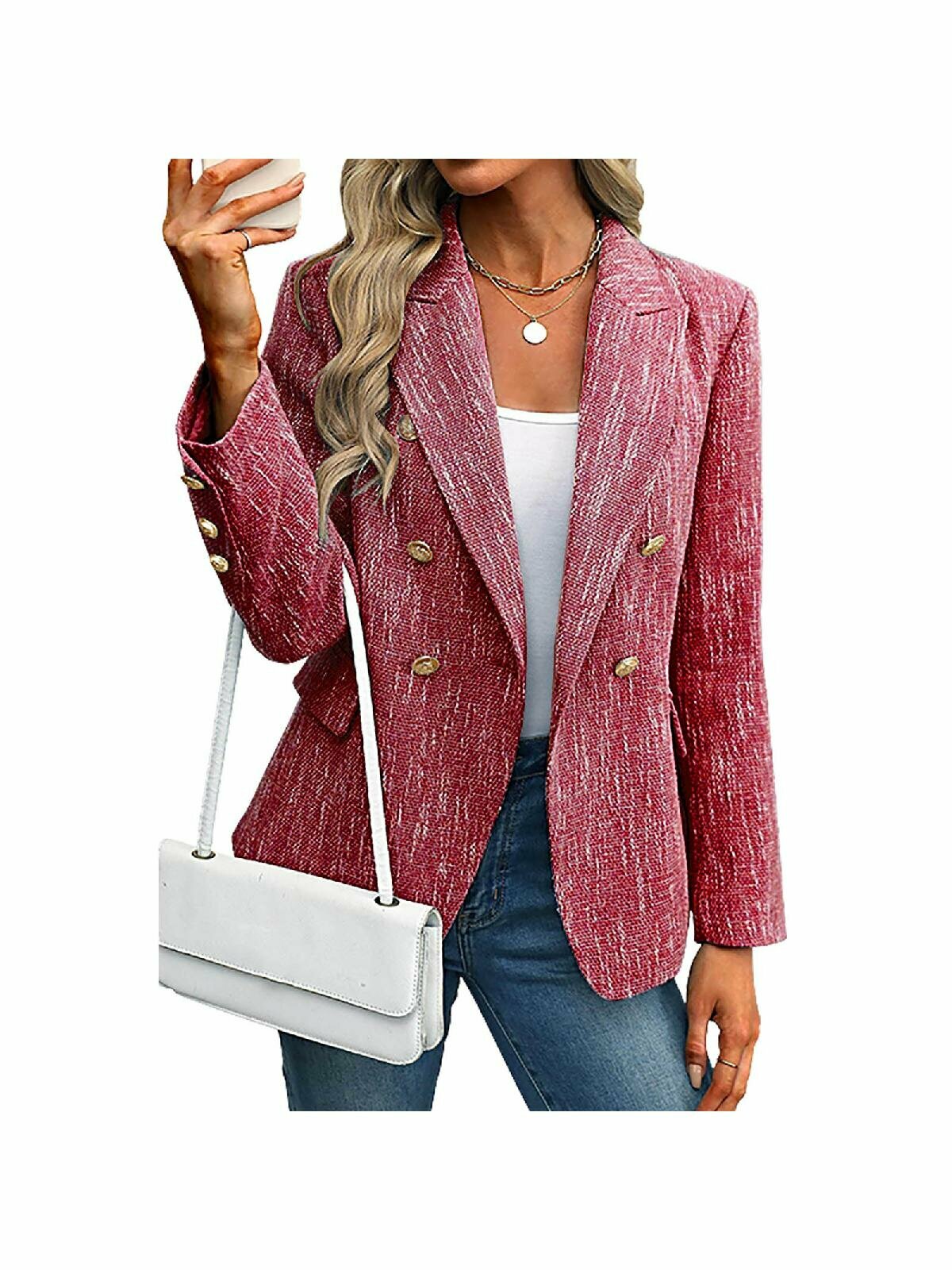 Женский Твидовый Блейзер В деловом стиле, Повседневный - Двубортный пиджак С длинными рукавами, Рабочий костюм с открытой передней частью