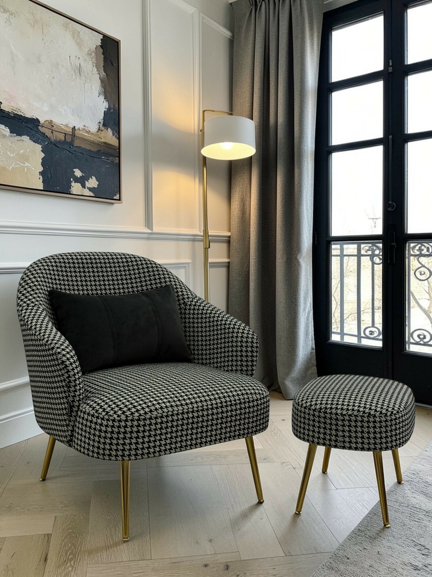 Кресло классическое Леон и пуф, для дома и отдыха, принт гусиная лапка, золотые опоры