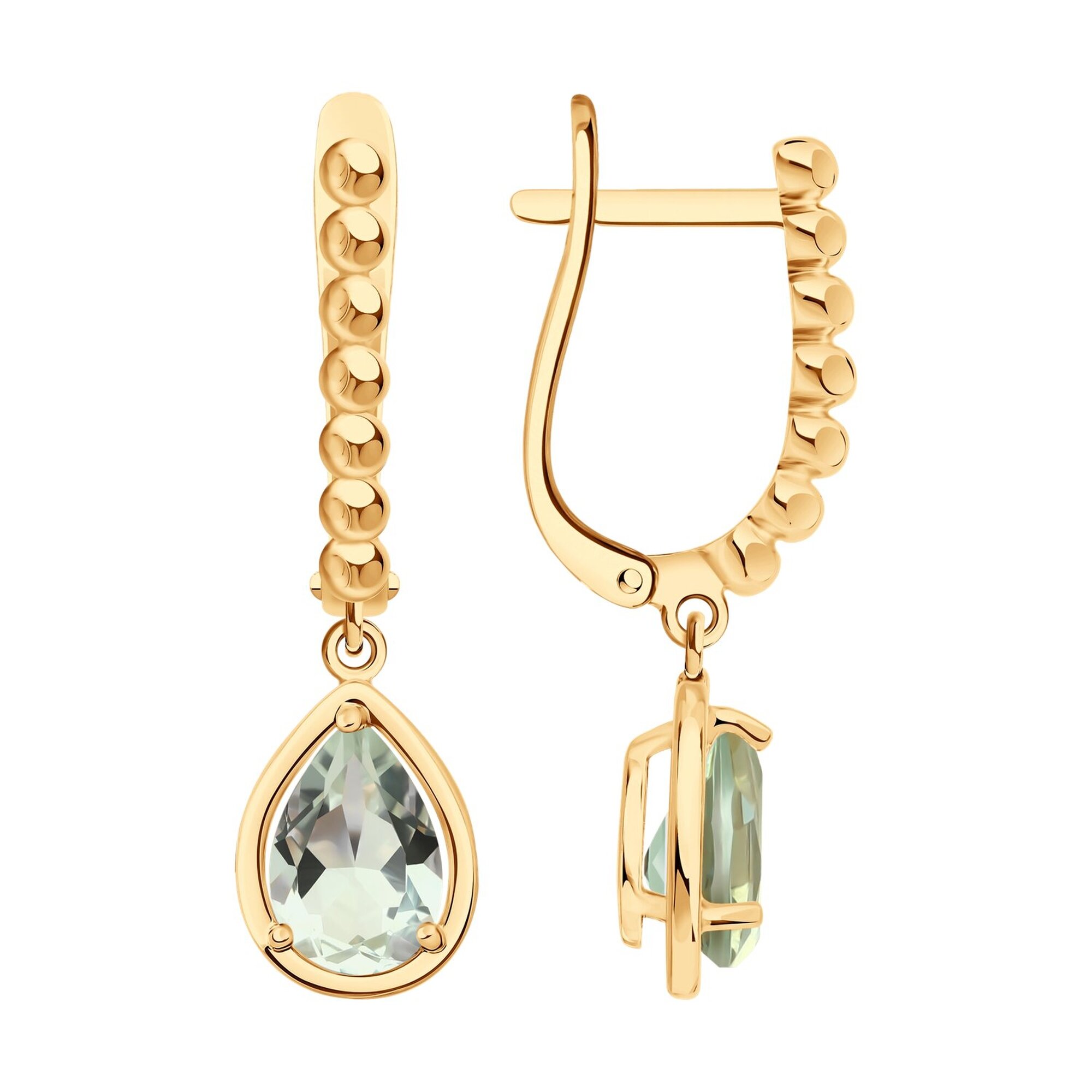 Серьги, серебро, 925 проба, золочение, празиолит