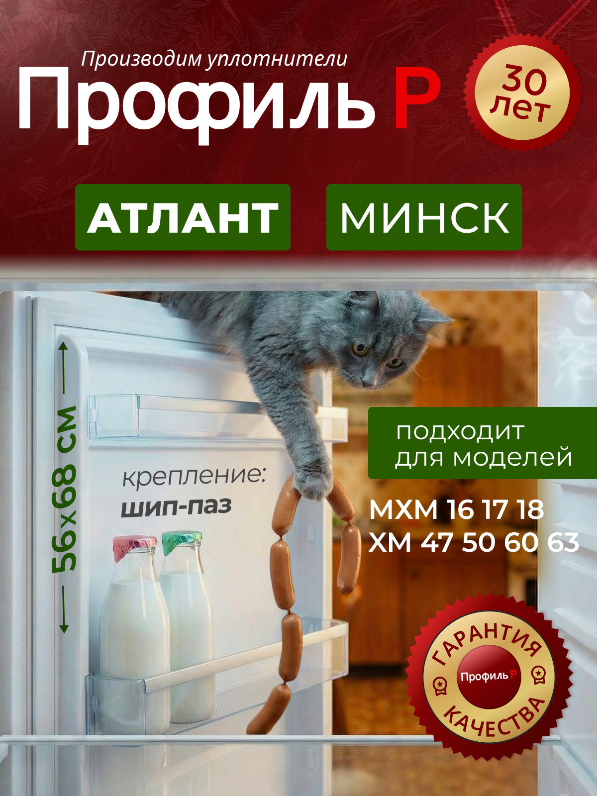 Уплотнитель (резинка) для холодильника Атлант 556х680 мм, В ПАЗ