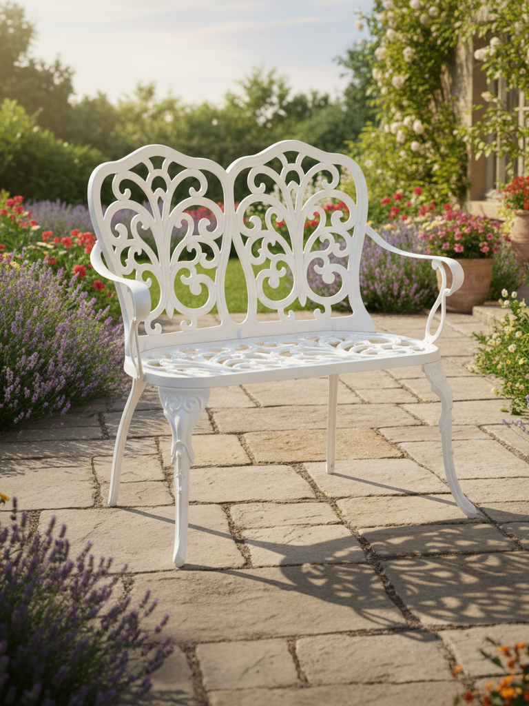 Скамейка садовая металлическая для сада и дома, TetChair, алюминиевый сплав, белый