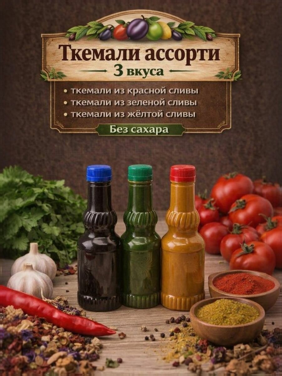 Ткемали ассорти 3 вида без сахара/без химии, ремесленные домашние соусы 3шт*270г