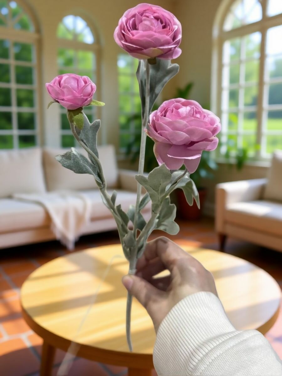 Искусственные цветы Ранункулюс 42 см 2 букета премиум для кашпо декора и интерьера пудра