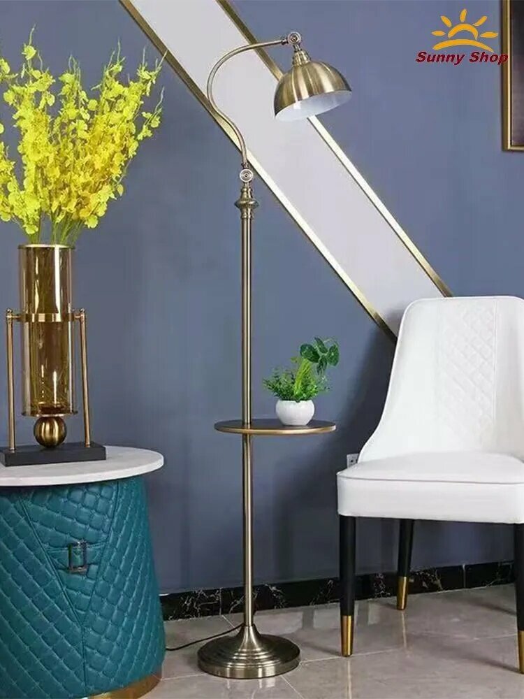 Торшер с деревянным столиком, три режима освещения, металлический абажур, подходит для гостиных и спален, лампа E27