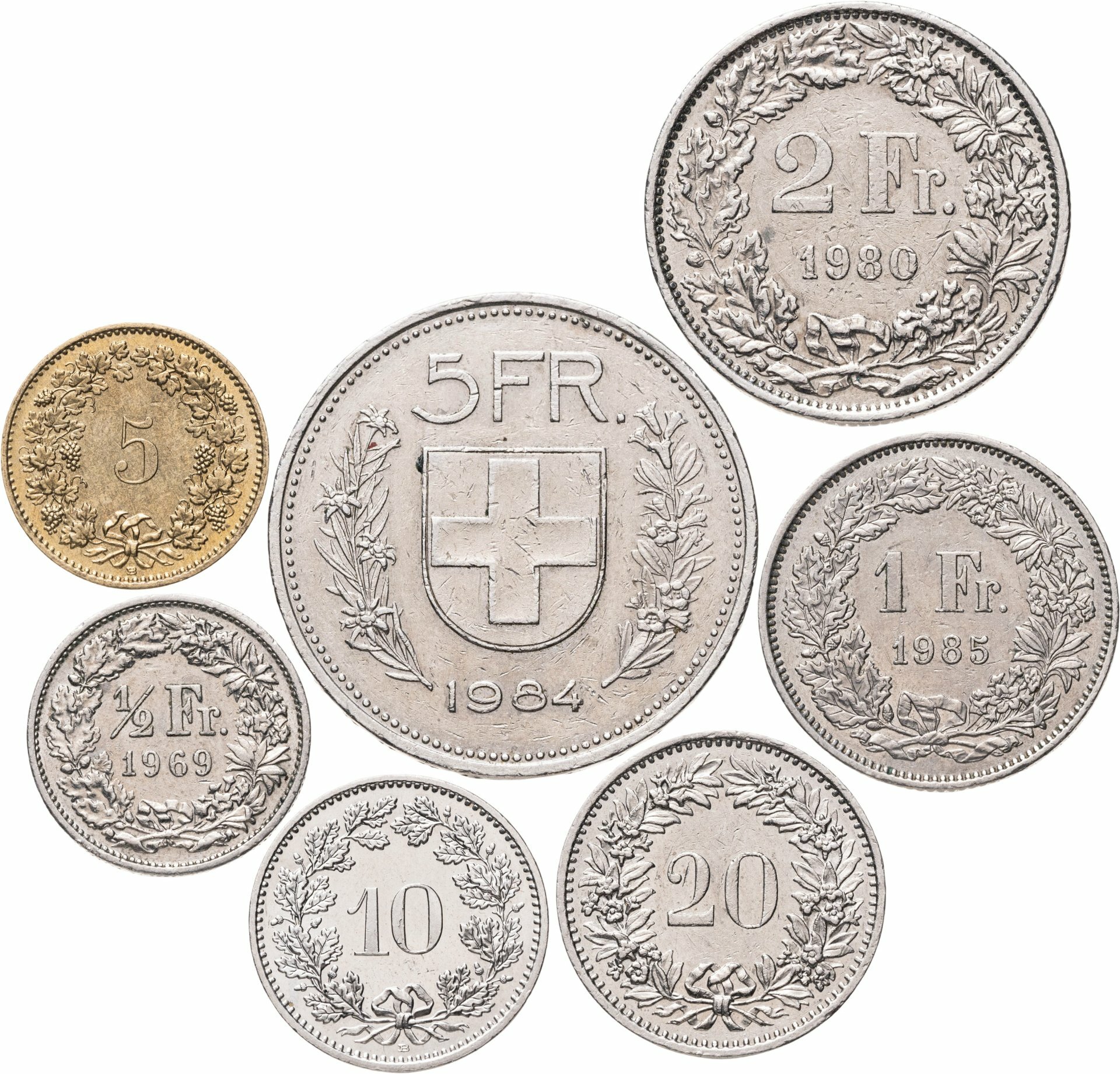 Швейцария набор монет по номиналам 1969-2013 7 штук, Мельхиор медь-никель, в сохранности XF-AU