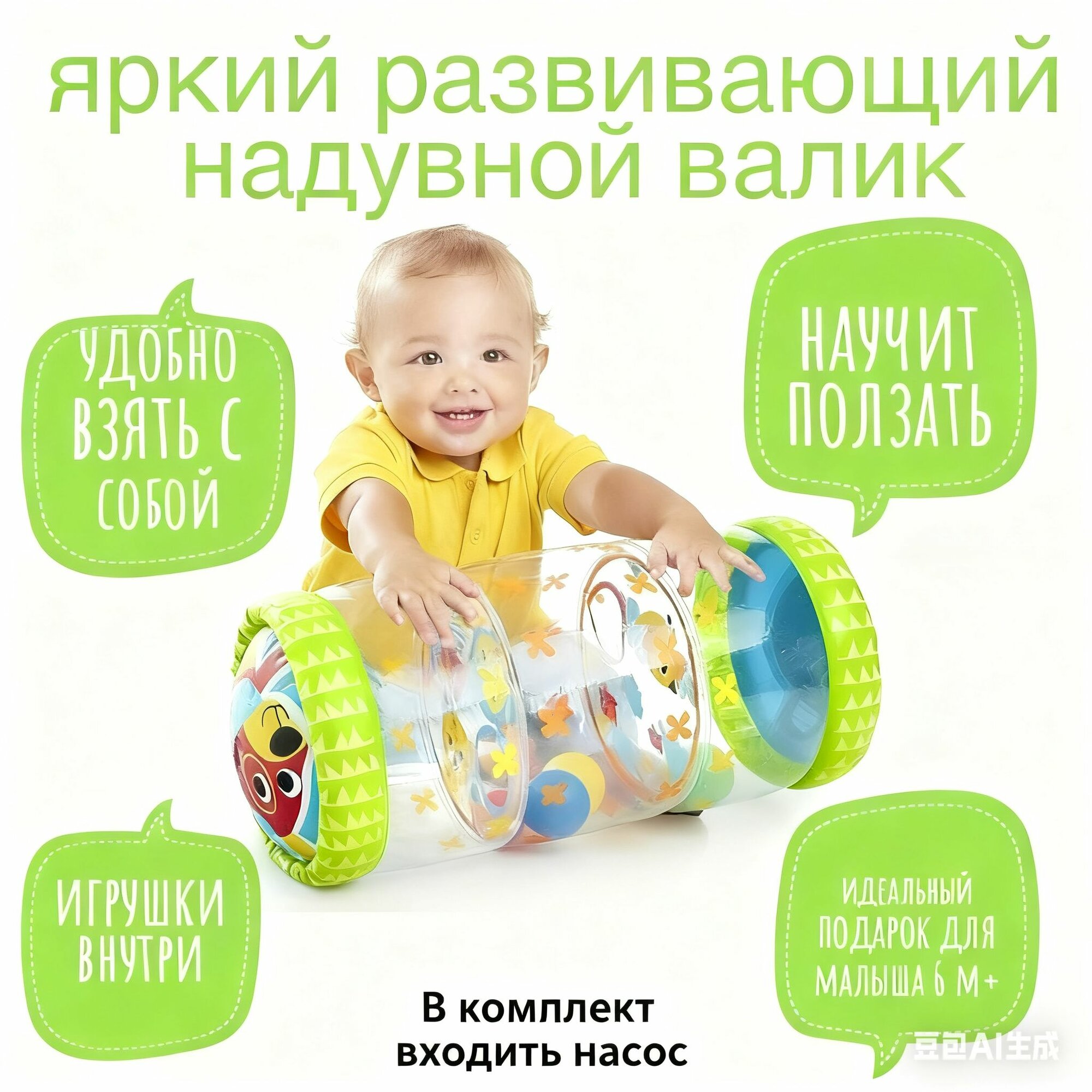 Надувной развивающий валик-погремушка для малыша с бесплатным насосом для надувания