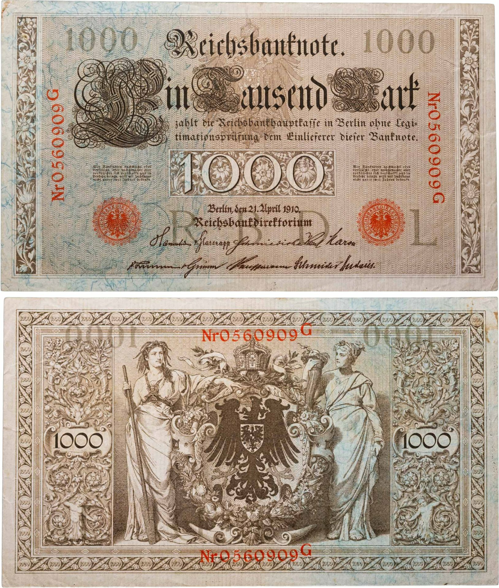 Германия 1000 марок 1910 красная печать