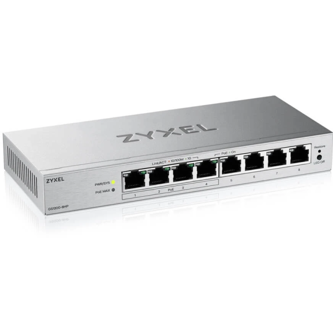 GS1200-8HPV3-EU0101F Коммутатор Web Smart L2 коммутатор Zyxel GS1200-8HPv3, 8xGE (4xPoE+), бюджет PoE 68 Вт, настольный