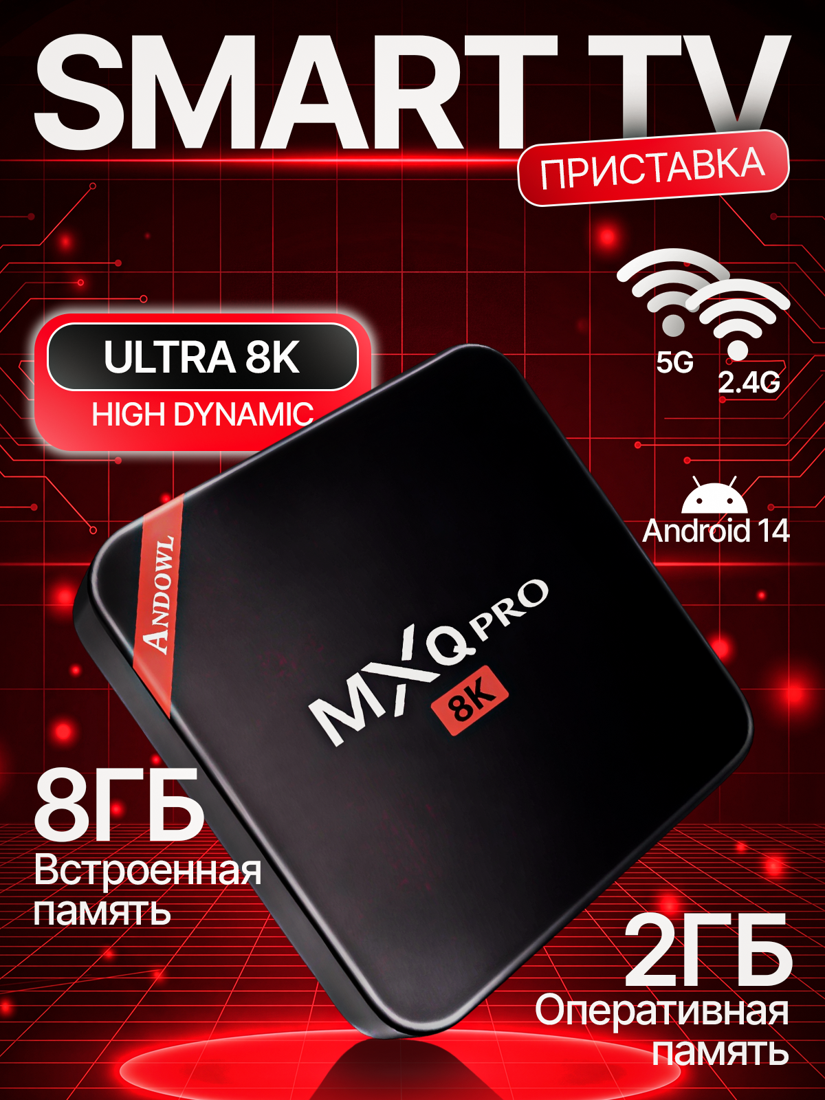 Приставка для телевизора с Android 14, поддержкой 4k, BT5, Wi-Fi и 16 Гб памяти