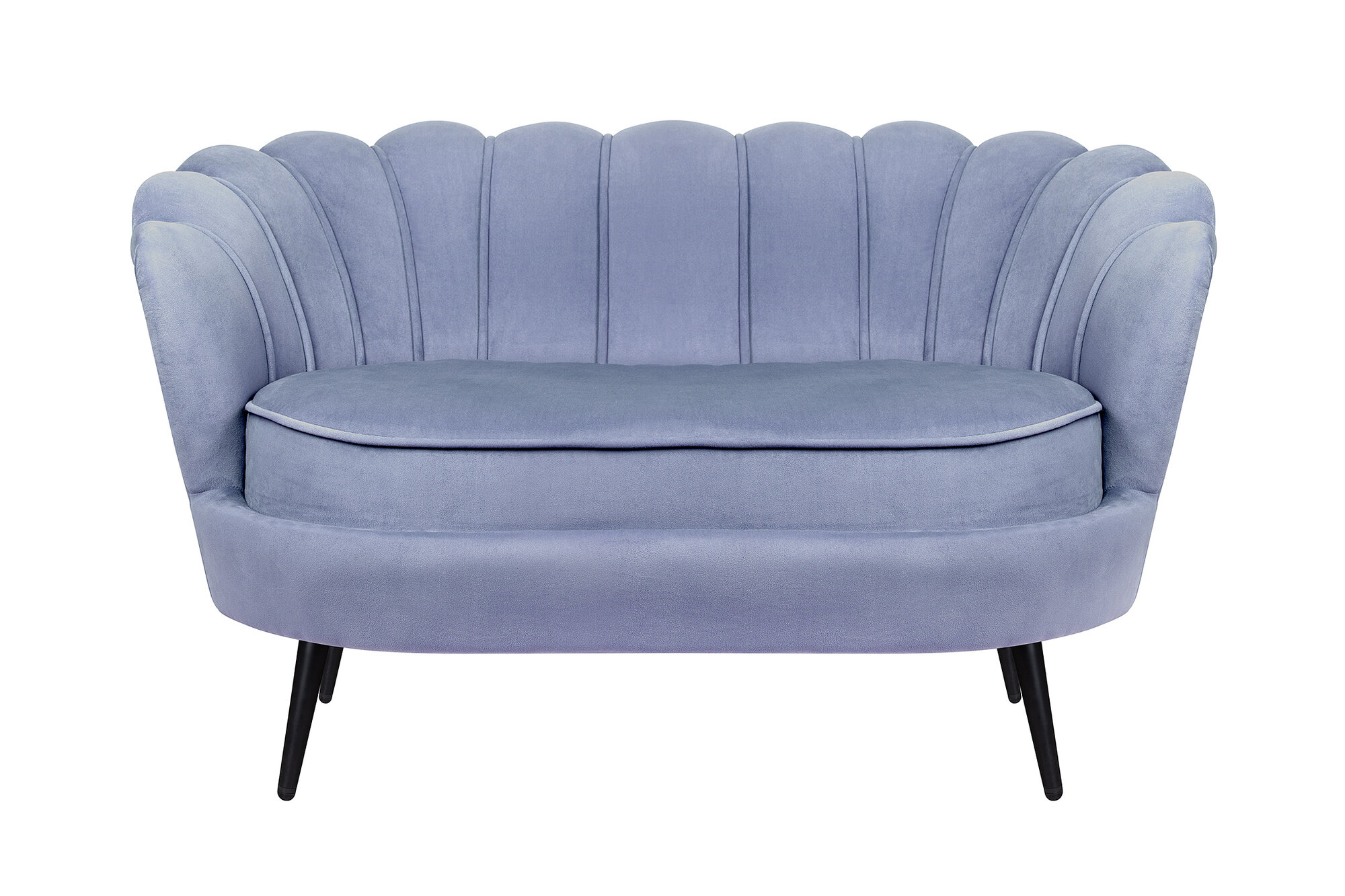 Прямой дизайнерский диван ракушка, Pearl double blue, синий велюр, черные ножки