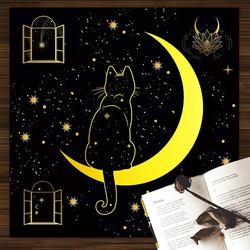 Скатерть 50x50 см, черная, с котом и луной