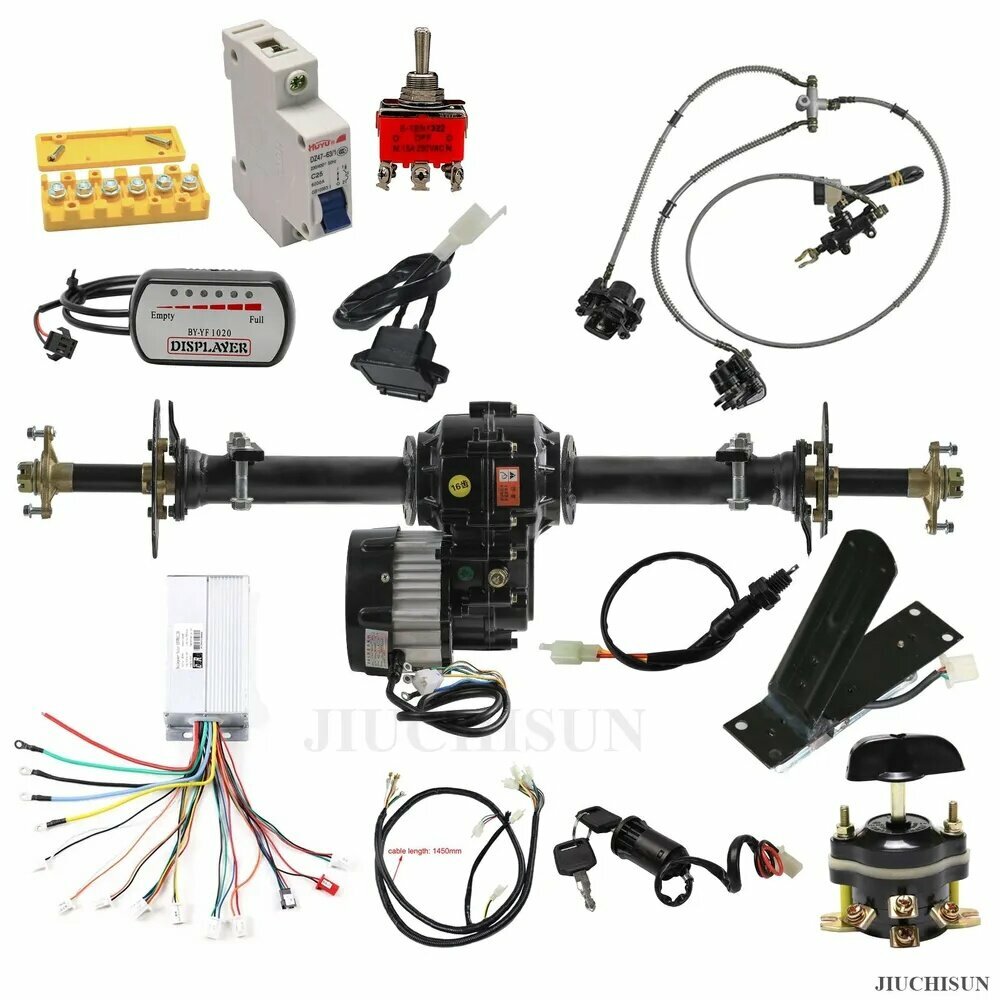 Комплект задней оси с дифференциалом для го - картов и квадроциклов длиной 30", с электродвигателем 48V, 1000W для самостоятельного изготовления трицикла.