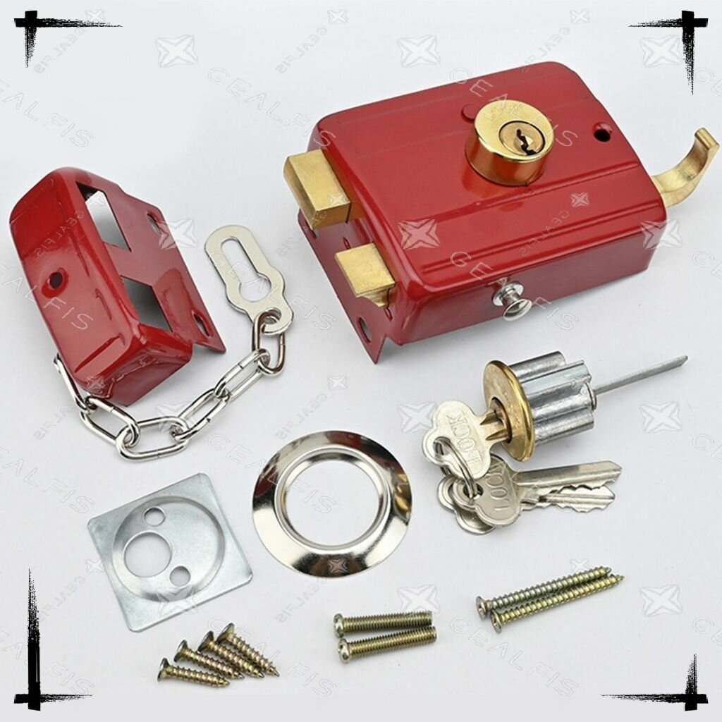 Замок дверной накладной с ручкой, красный (для дверей до 40 мм), замок для деревянной и металлической двери, гаражный, 2 ключа