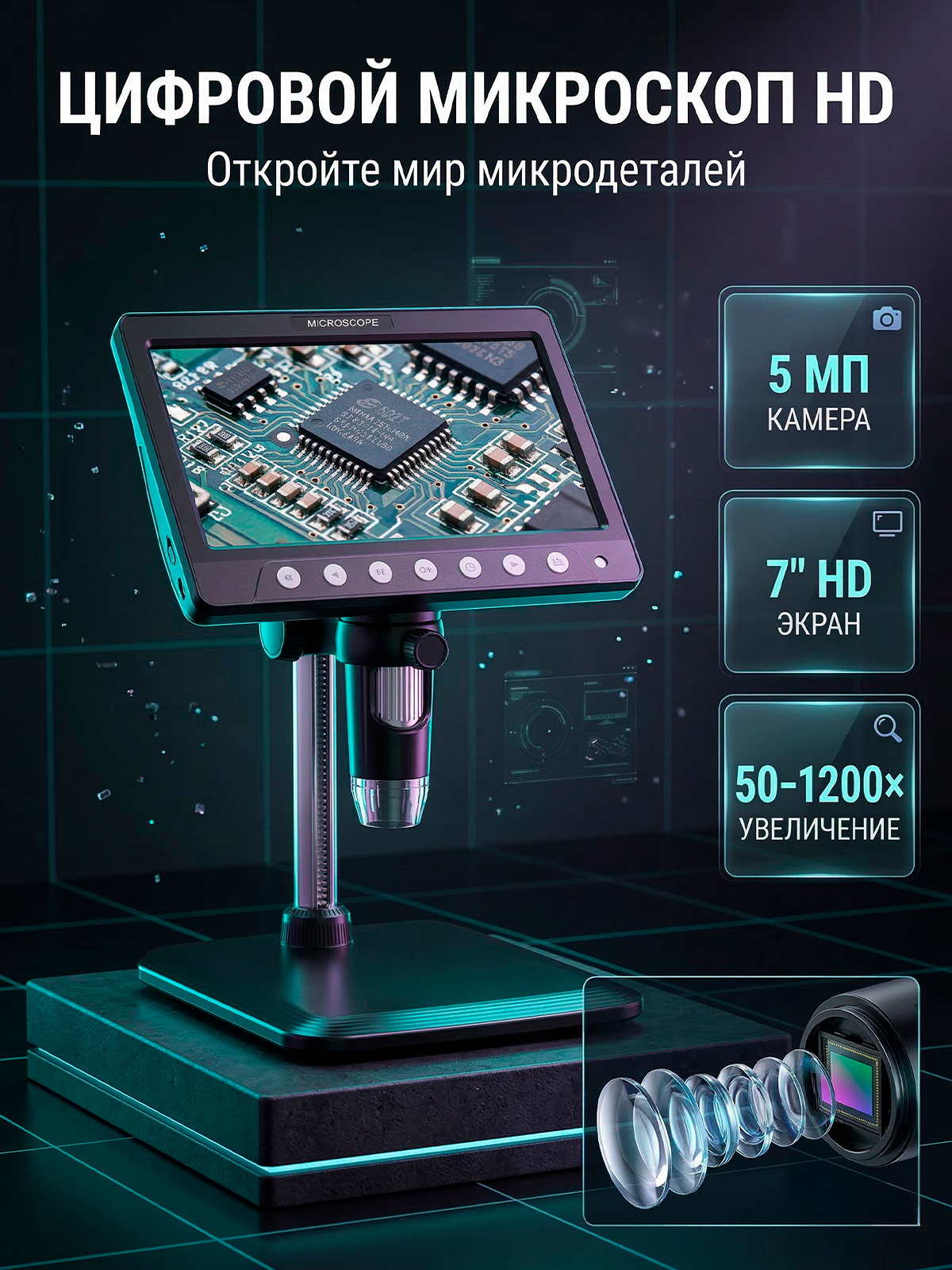 Микроскоп электронный цифровой с экраном профессиональный 1200х INSKAM