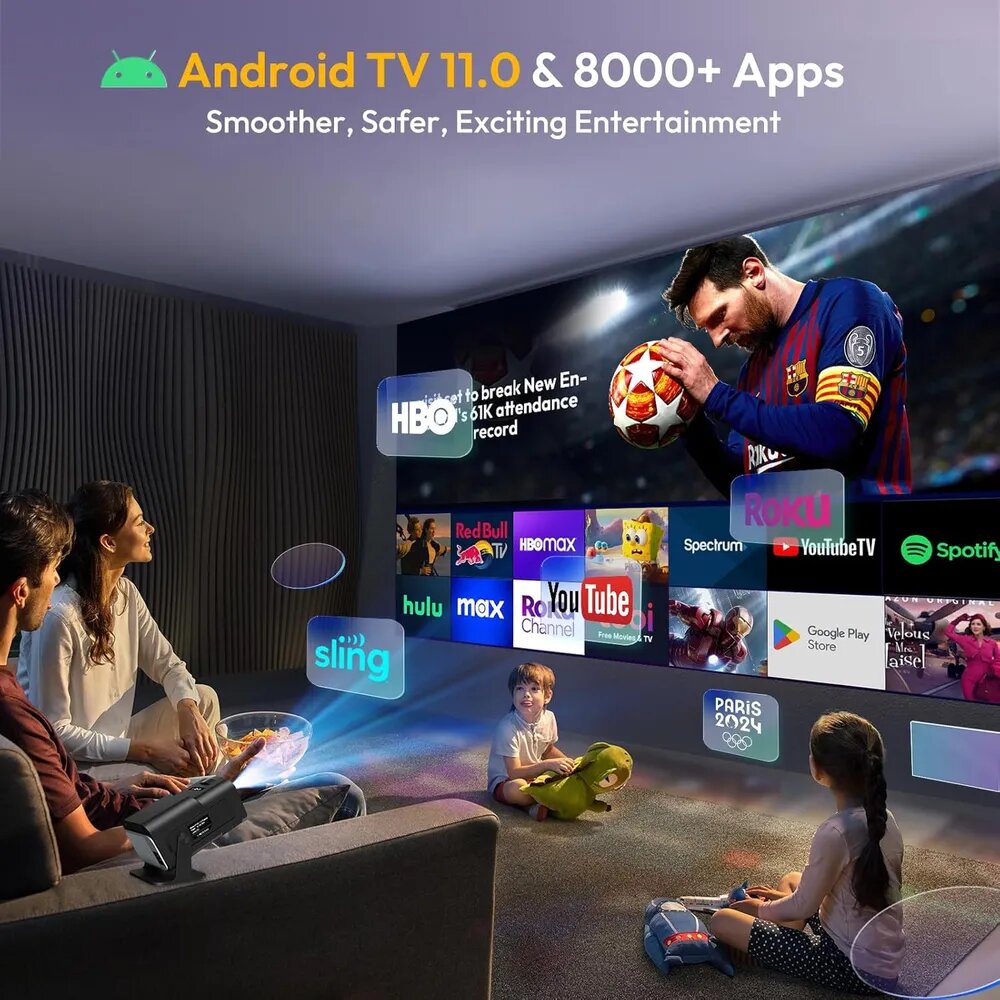 Гобо-проектор, черный портативный проектор с разрешением 1080P, Android 11.0 и Wi-Fi 6 — фото 1