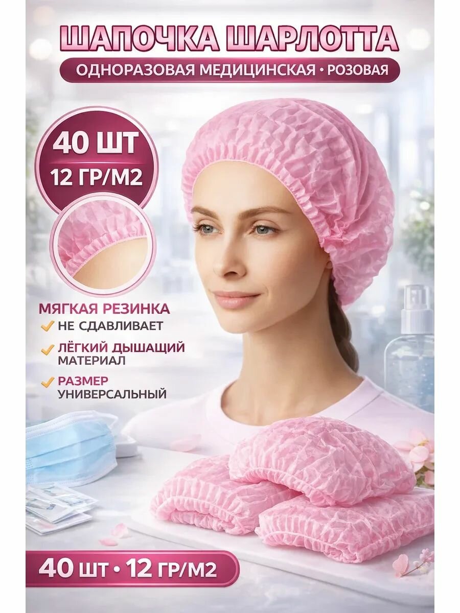Шапочка шарлотта розовая одноразовая 40 шт