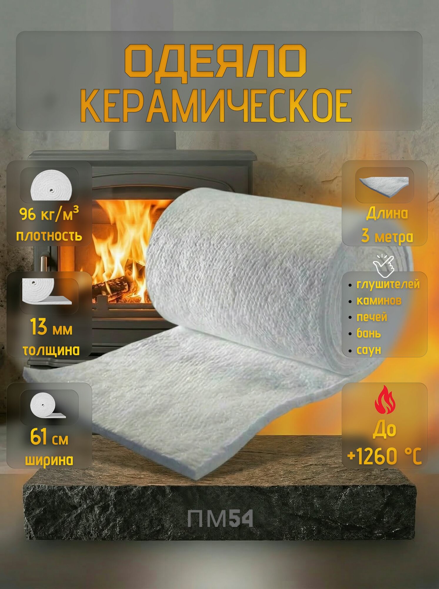 Одеяло огнеупорное 13 мм 1260C 96 кг/м 3 м для печей, дымоходов и авто