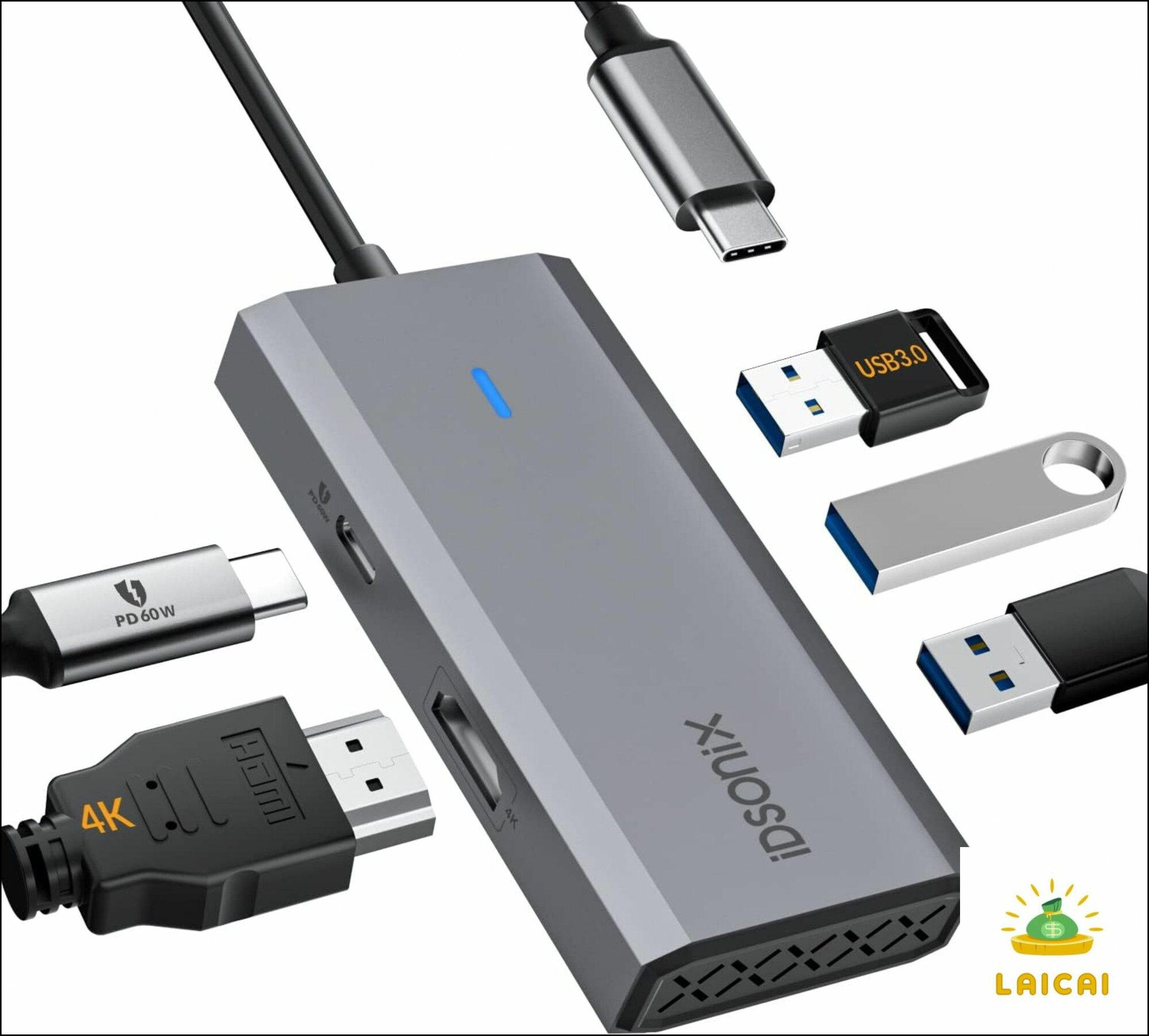 Док-станция для ноутбука IDPW Type-C HUB, PD 60 Вт 4К HDMI USB 2.0/3.0 USB-A, 5 портов для MacBook Air/Pro/HP/Dell