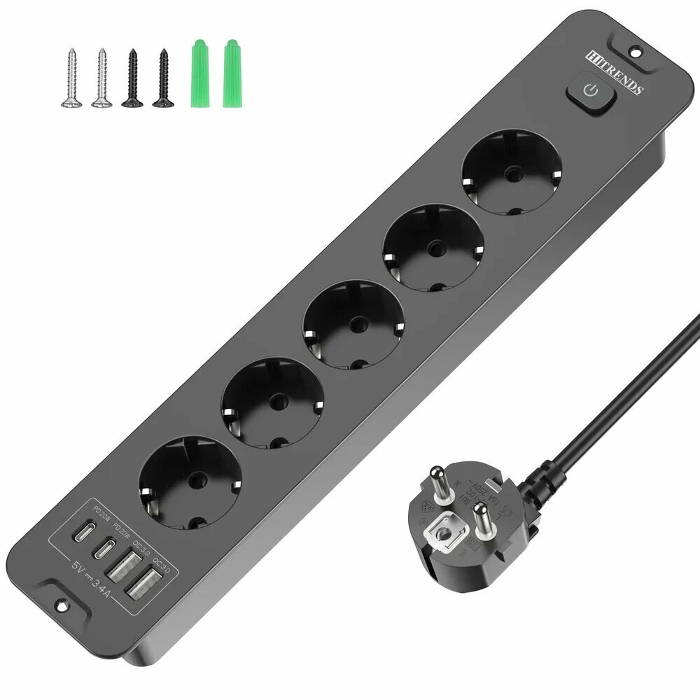 HITRENDS Розетка с USB и Type-C 3 AC + 2 USB + 2 PD 20W Выключатель Кабель 2м 1.5мм Черная