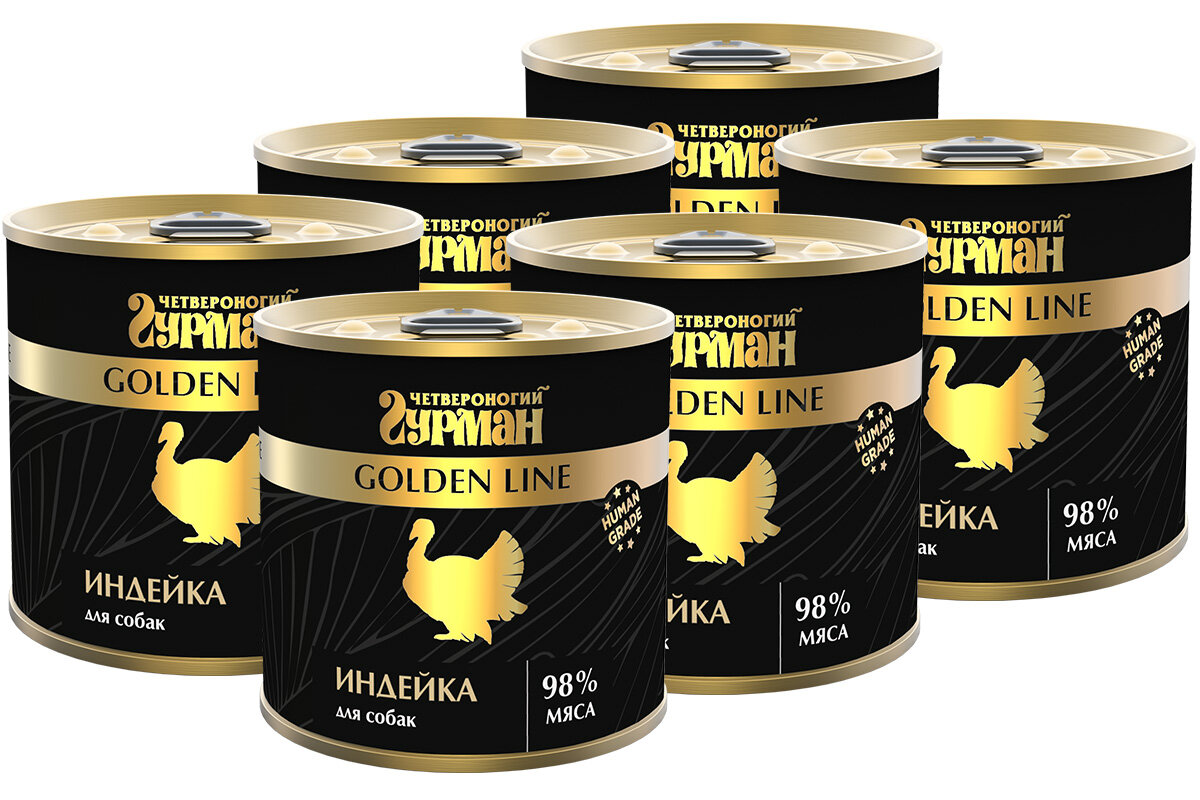 Корм влажный Четвероногий Гурман Golden Line для взрослых собак, индейка натуральная в желе, 240 г х 6 шт