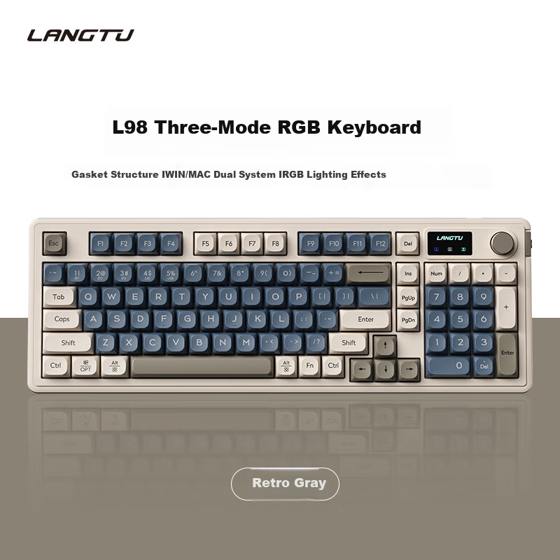 Клавиатура Langtu L98 Vintage Gray 98-клавишная с тремя режимами, тихая, с гелевой структурой и RGB-подсветкой Цвет：L98
